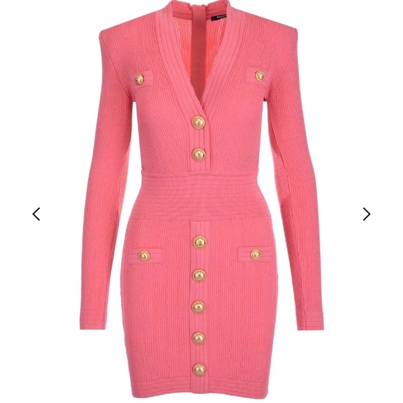 Balmain | Dresses | Balmain Ribbedknit Vneck Mini Dress Fr36 Pink ...